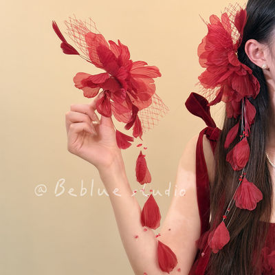 红颜如许~红色夸张花朵流苏发夹女新年发饰度假风拍照侧边夹发卡