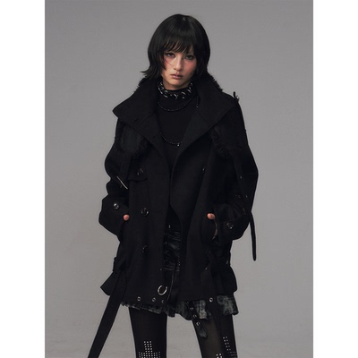 失落后花园暗黑羊毛大翻领多穿法秋冬双排扣可拆卸毛领毛呢外套女