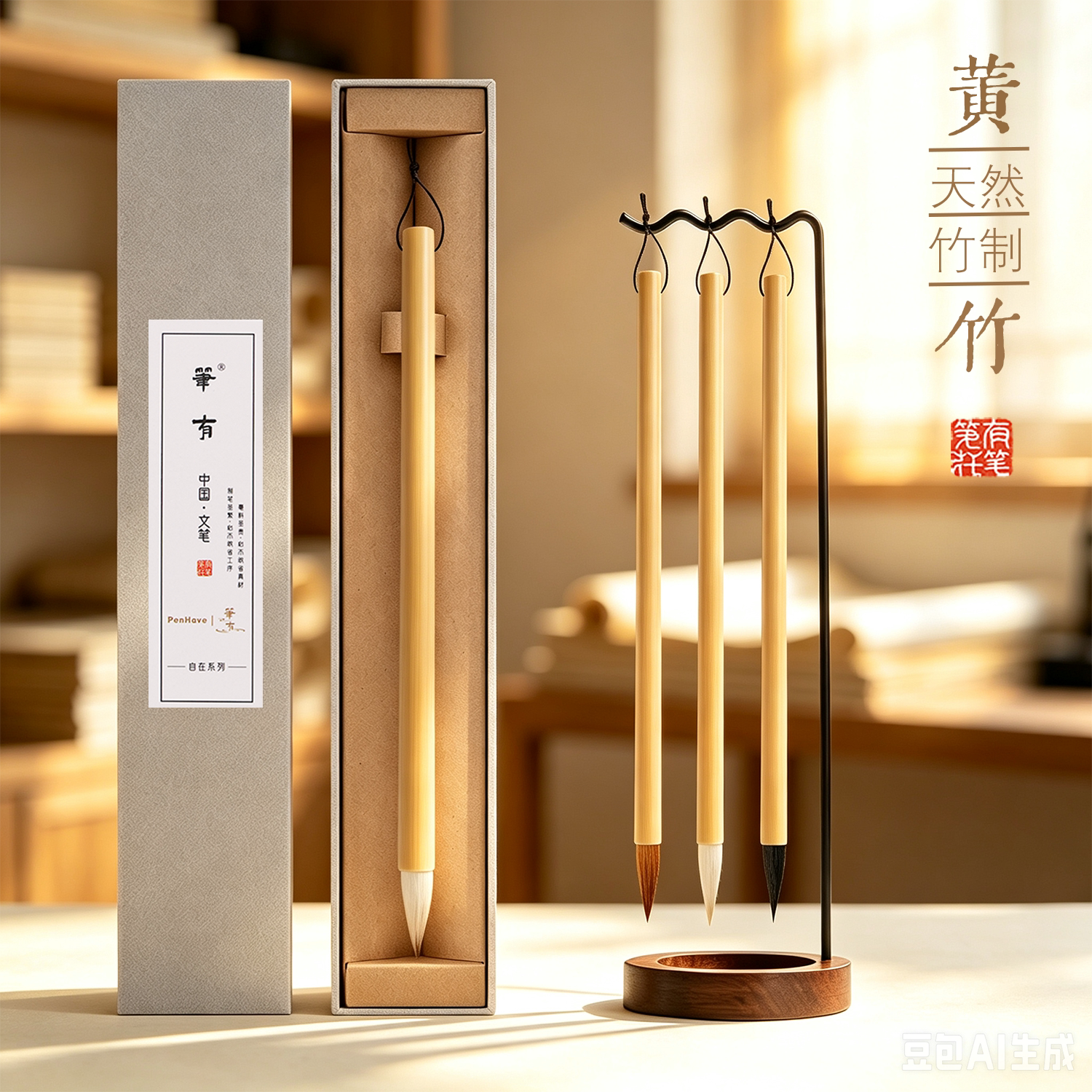 PenHave/笔有毛笔黄竹杆礼盒套装兼狼羊紫毫书法练字绘画用3.2CM