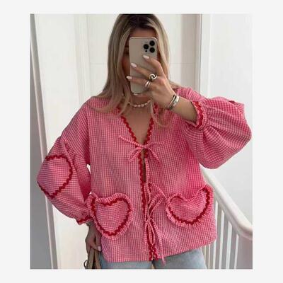 欧美风时尚系带撞色格子