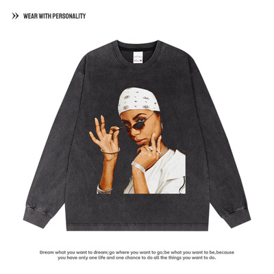 Aaliyah艾莉雅人像印花纯棉复古数码直喷做旧欧美美式长短袖潮牌