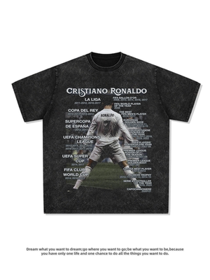 C罗荣誉原创美式潮牌小领口高街百搭水洗做旧宽松短袖vintageT恤