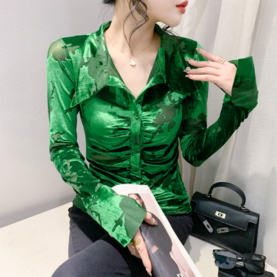 春秋2024新款POLO领时尚洋派丝绒衬衫褶皱开叉长袖修身显瘦上衣女