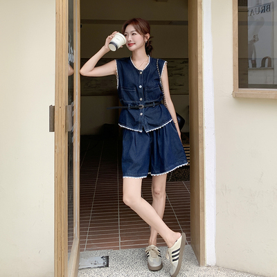 现货2D078-T2069-P145K208蕾丝拼接牛仔上衣+短裤