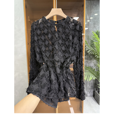 P牌款!宽松真丝烧花圆领长袖衬衫