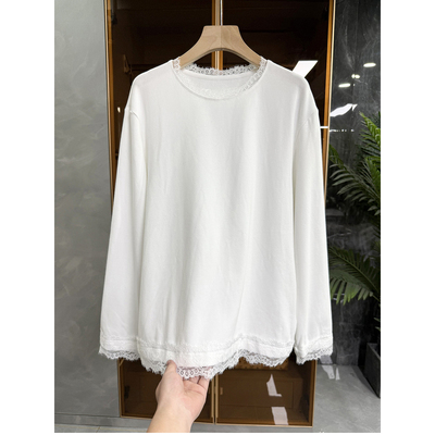 宽松蕾丝边磨毛圆领长袖棉T恤