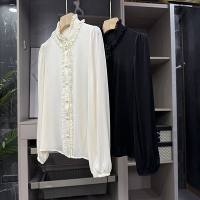 N货!真丝双乔木耳边立领包扣衬衫