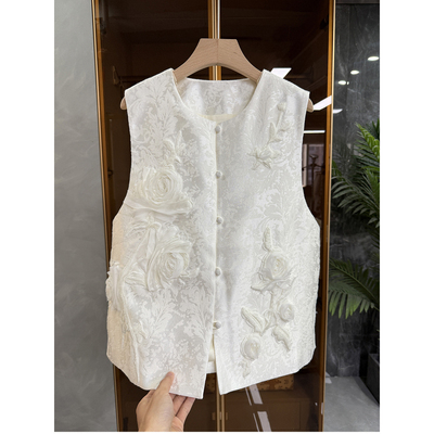 中式！立体提花花朵醋酸圆领马甲