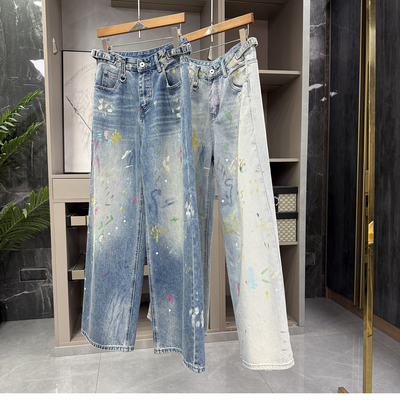 N货！涂鸦中高腰牛仔阔腿裤