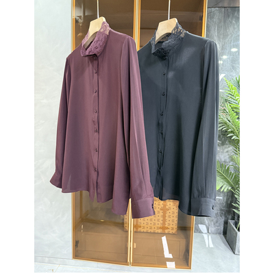 真丝双绉拼接蕾丝立领衬衫上衣