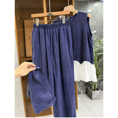 外D拼接铜氨丝无袖上衣+长裤套装