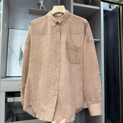 宽松复古条纹真丝棉长袖衬衫上衣