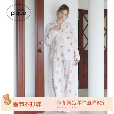 gelato pique25秋冬新品女睡裤晚安小熊满印系带长裤PWFP254368