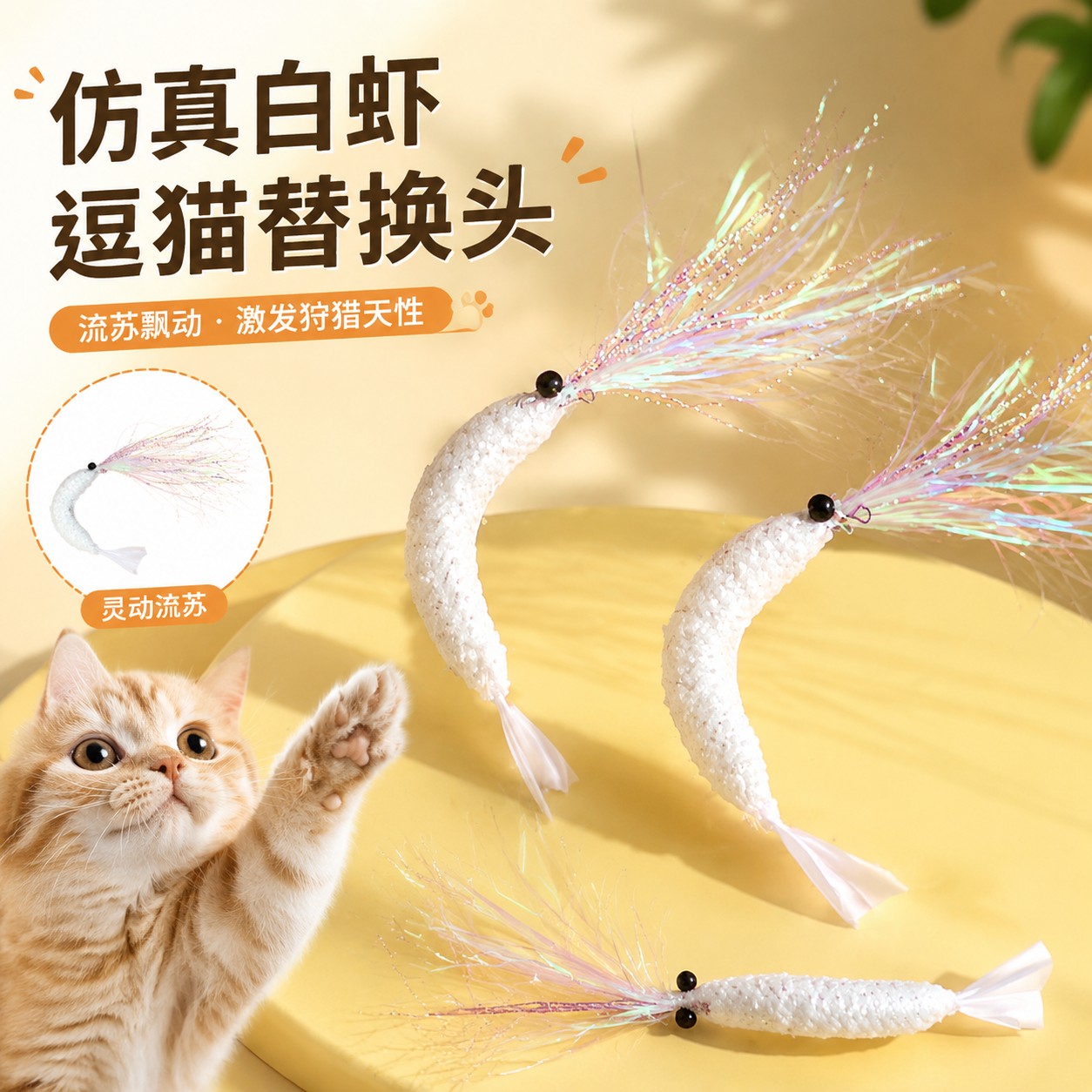 猫咪玩具仿真大虾逗猫棒替换头炫彩流苏白虾逗猫神器解闷丰容玩具