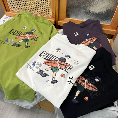 吴小越w2223男童夏款宽松圆领韩版无感数码印花棉t恤短袖中大童