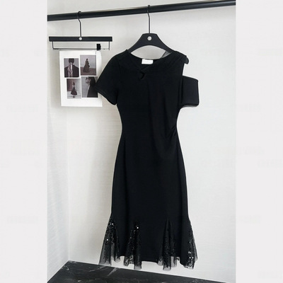 韩版轻奢气质拼接亮片网纱下摆短袖连衣裙女2025夏季新款露肩裙子