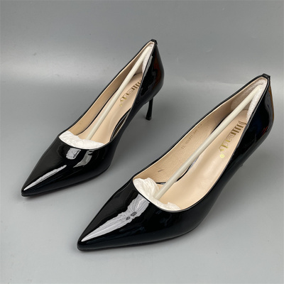 38码黑色漆皮尖头高跟鞋女浅口