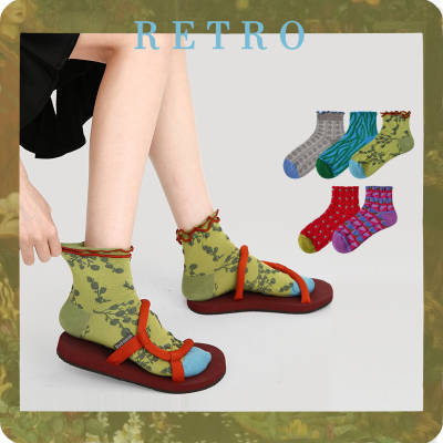 短袜子女春夏薄复古浮雕新中式袜五双彩色网眼透气多巴胺可爱棉袜