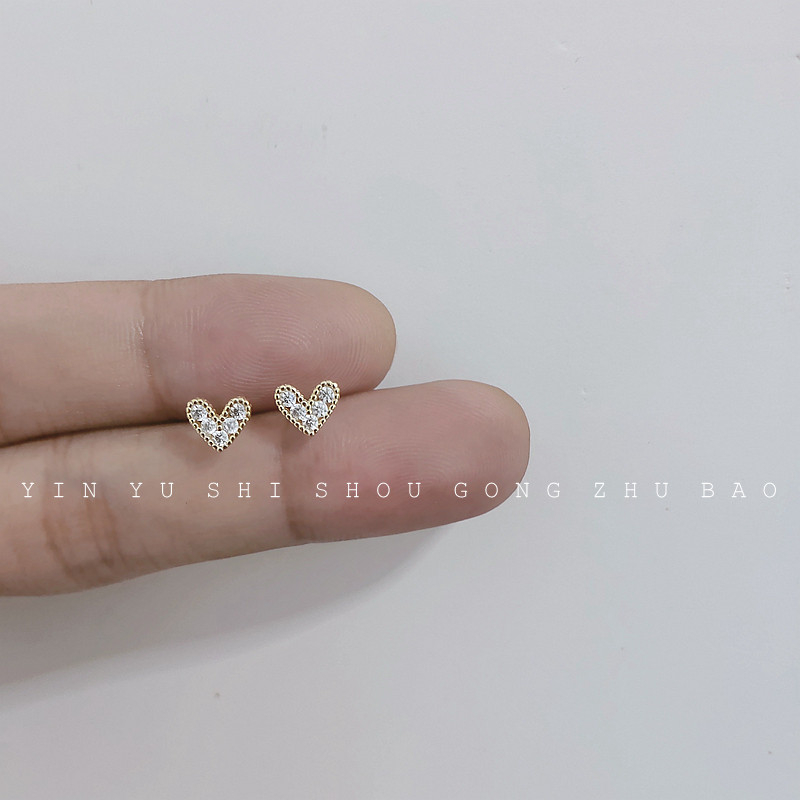 超闪简约爱心耳钉女小巧925银镀14K金镶石花边心形耳环玫瑰金耳饰