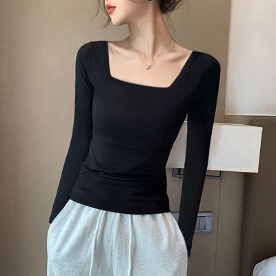 莫代尔方领打底衫女修身内搭2025春秋冬季新款长袖T恤方领上衣潮