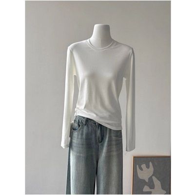 95棉春秋新款圆领长袖T恤打底衫女大码胖mm修身正肩内搭纯色上衣