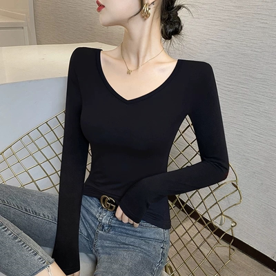 95棉v领长袖T恤打底衫女春秋季新款大码胖mm百搭修身内搭正肩上衣