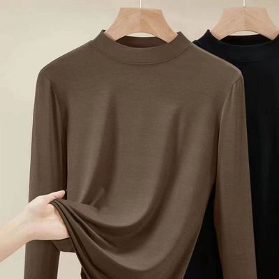 莫代尔秋冬薄绒磨毛小立领大码长袖打底衫女内搭修身t恤保暖上衣