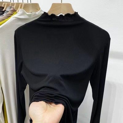 莫代尔棉木耳边半高领长袖T恤女上衣春秋螺纹大码内搭打底衫女