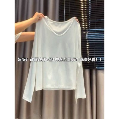95棉春秋V领纯欲长袖打底衫女大码胖mm内搭宽松打底T恤慵懒风上衣