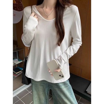 95棉春秋V领纯欲长袖打底衫女大码胖mm内搭宽松打底T恤慵懒风上衣