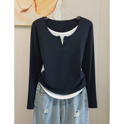 95棉假两件长袖打底衫女春秋季2025新款大码胖mm内搭正肩T恤上衣