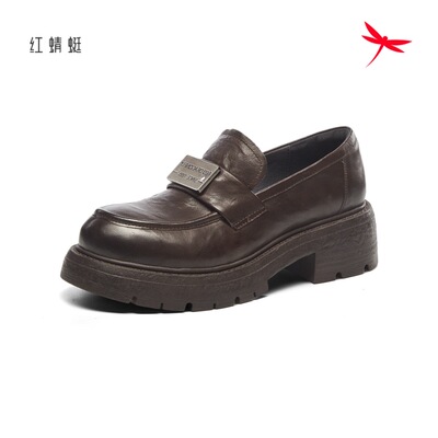 红蜻蜓乐福鞋牛皮方跟一脚蹬厚底
