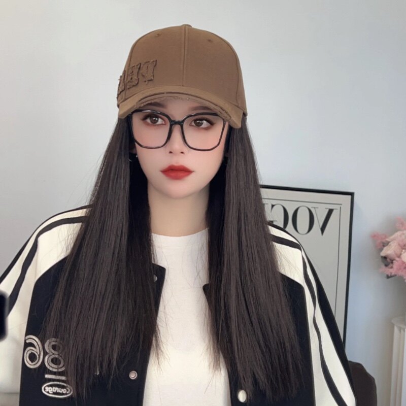大晨侧标PEAC时尚简约长直发帽子假发百搭棒球帽假发一体秋冬新款