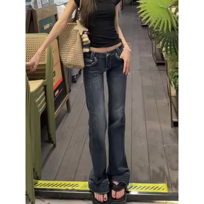 依琳家春季2026新款宽松直简阔腿牛仔裤子女水洗做旧高腰微喇叭裤