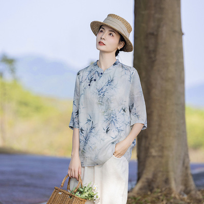 中国风复古小众独特设计立领新中式斜襟盘扣衬衫苎麻印花上衣女