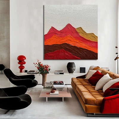 MHD手绘油画《背有靠山》正方形沙发客厅抽象餐厅红色大厅装饰画