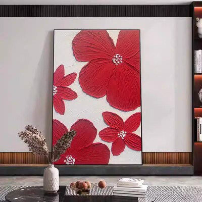 MHD手绘红色《春时花意》设计玄关走廊装饰画花卉油画样板房油画