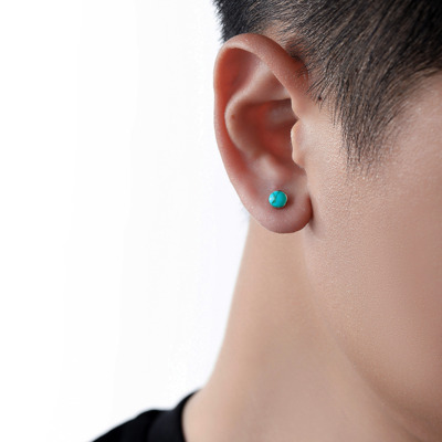 磁吸虎眼石耳夹绿松石圆形小众设计款无耳洞百搭男生潮流单只耳饰