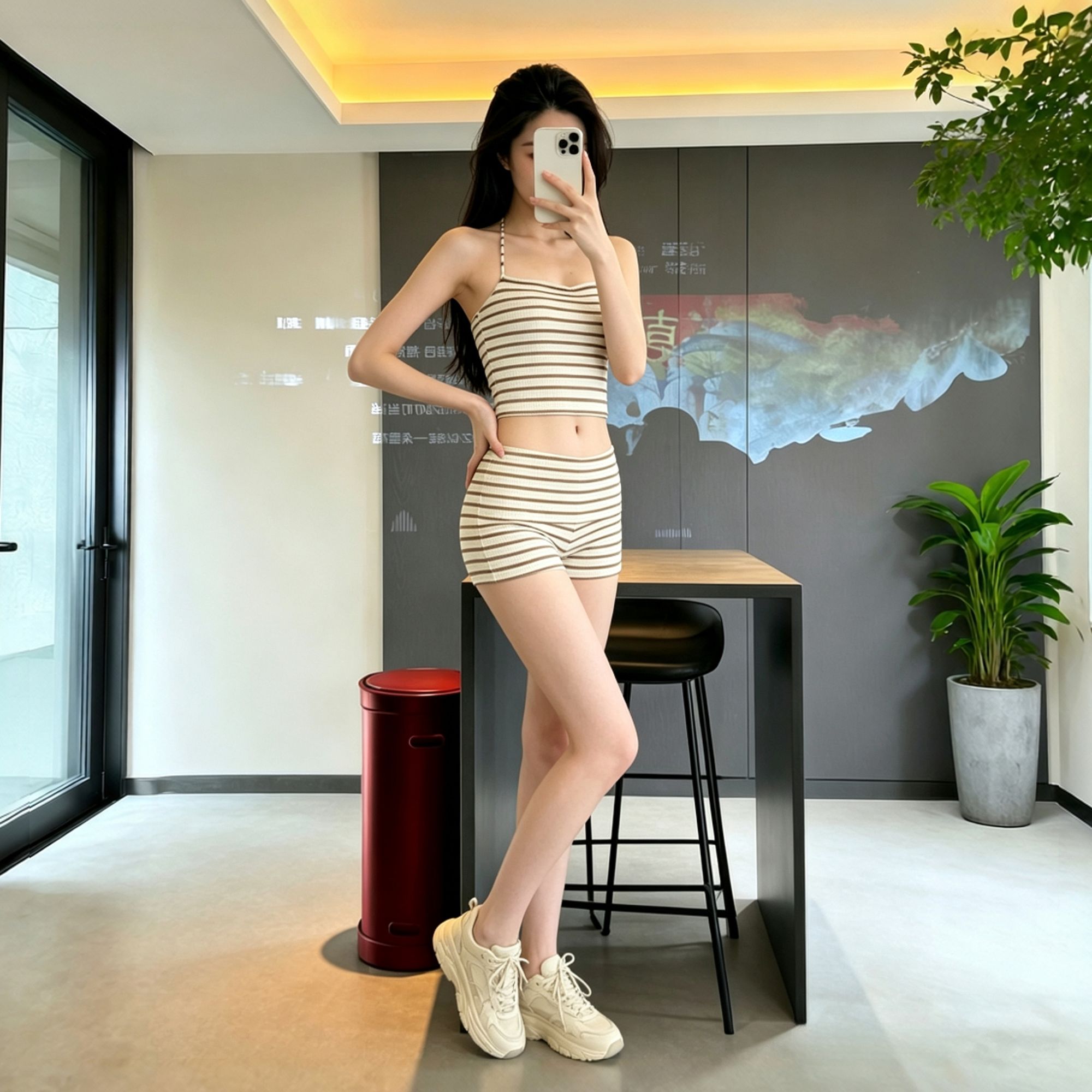 夏季速干健身服条纹印花吊带背心休闲瑜伽服套装辣妹性感高腰短裤