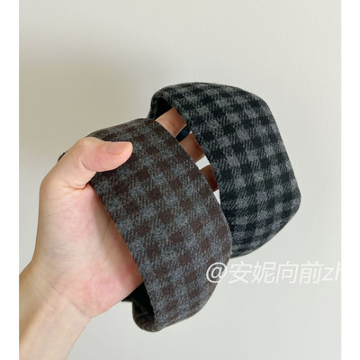 复古宽边格纹毛呢气质发箍