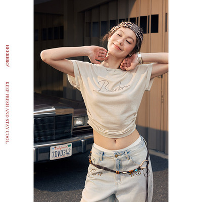 BeerBro『松弛街头』天丝莱赛尔收腰绣花打褶松弛感短袖T恤女夏