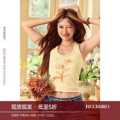 BeerBro『玩乐夏日』重影花卉重影印花薄透休闲工字背心女夏季