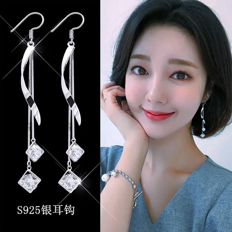 S999纯银耳钉女中长款耳环韩国简约百搭锆石精致挂钩不过敏耳饰品