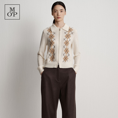 Marc O'Polo/MOP25冬季新款简约柔软白色羊毛格纹提花拉链开衫女