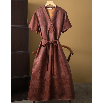 现货 国风老料绞罗红云纱真丝短袖连衣裙100%桑蚕丝V领提花长裙夏