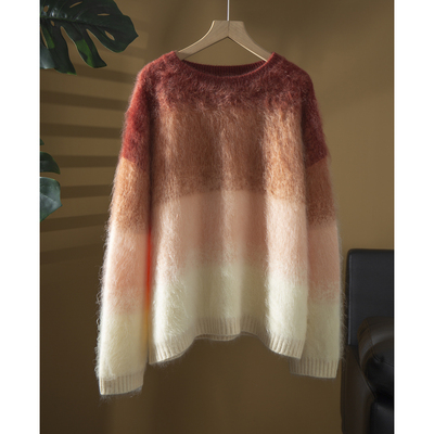 丝艺高克重100%山羊绒阿拉善花纱渐变色纯羊绒衫女宽松拉绒衫毛衣