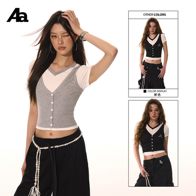 ACMEAURA撞色假两件V领T恤