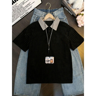 美式格子拼接短袖Polo衫男夏季设计感翻领T恤cleanfit宽松半截袖