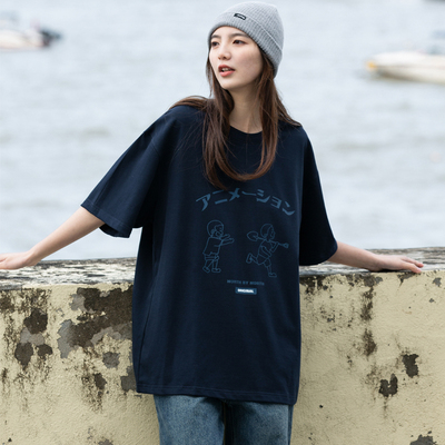 落肩袖日系复古学生重磅纯棉短袖