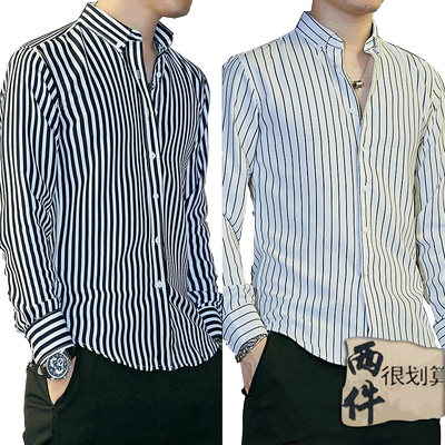 春夏季男士长袖藏青色打底白衬衫